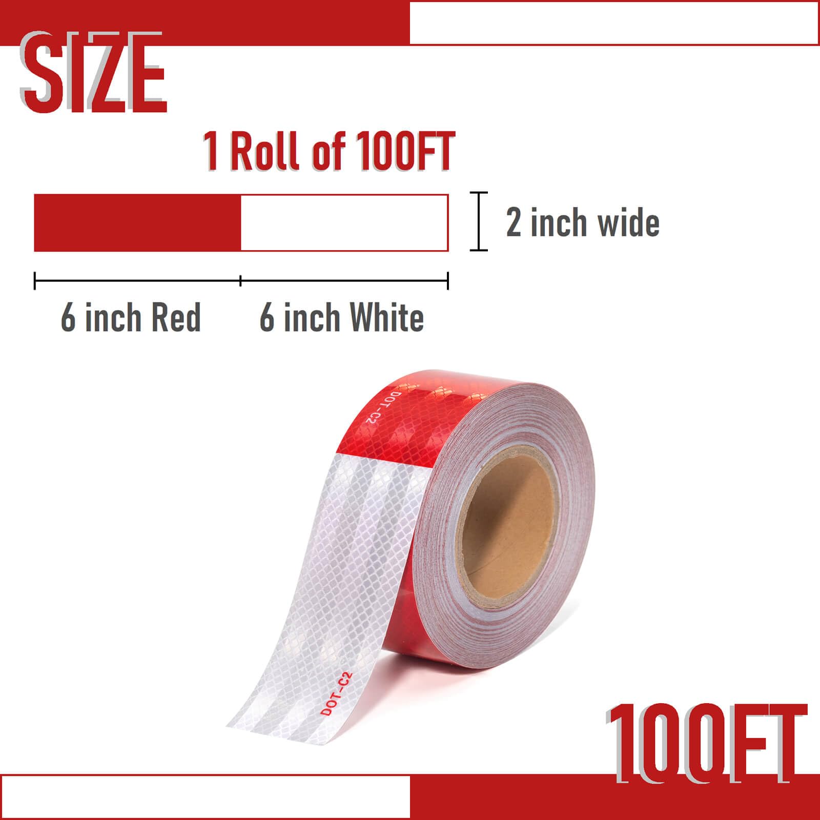 THKULKME DOT-C2 Reflective Tape 2 Inch X 100 Feet Red White Reflector Adhesive Conspicuity Outdoor Waterproof Tape for Trailers, Trucks, Vehicles, Driveway, Boats, Signs (100 FT)