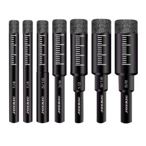 joeric 7 pcs black dry diamond drill bit set, for granite marble tile ceramic stone glass hard materials (not for wood) round shank with size 1/4, 5/16, 3/8, 1/2, 9/16,5/8 inches