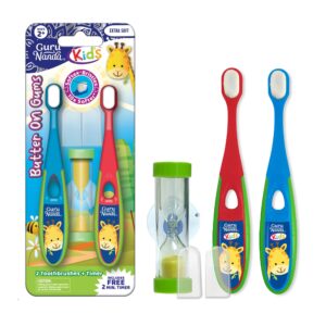 gurunanda butter on gums toddler toothbrush with sand timer, extra soft bristles for kids age 2+, toothbrush with tongue cleaner & brush cap (2 pack)