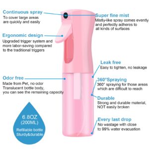 LERPOLOR Empty Spray bottles, Continuous Spray Bottle for Hair, Spray Water Bottle Fine Mist Refillable, Skin Care, Showering Pets, Plants, travel, Ironing and Cleaning 6.8 Ounce (1 Pack, Pink)