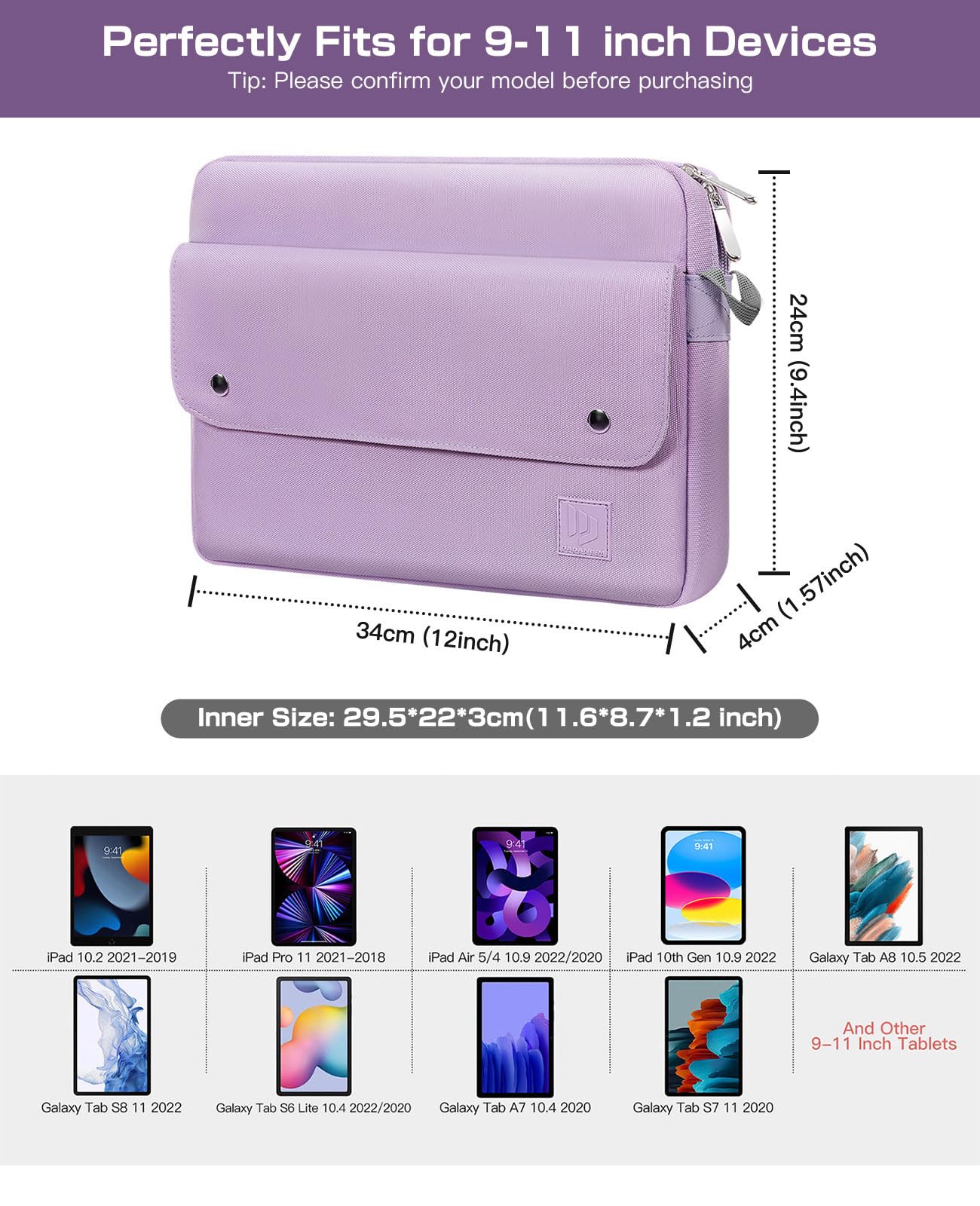 Dadanism 9-11" Tablet Sleeve Shoulder Bag for iPad Air 5/4 10.9, iPad Pro 11 M4 M2, iPad Air 11" 2024, iPad 10.2 9/8/7th, iPad 10th Gen 10.9, Galaxy Tab A9+/S9 FE/A8, Tablet Carrying Bag, Taro Purple