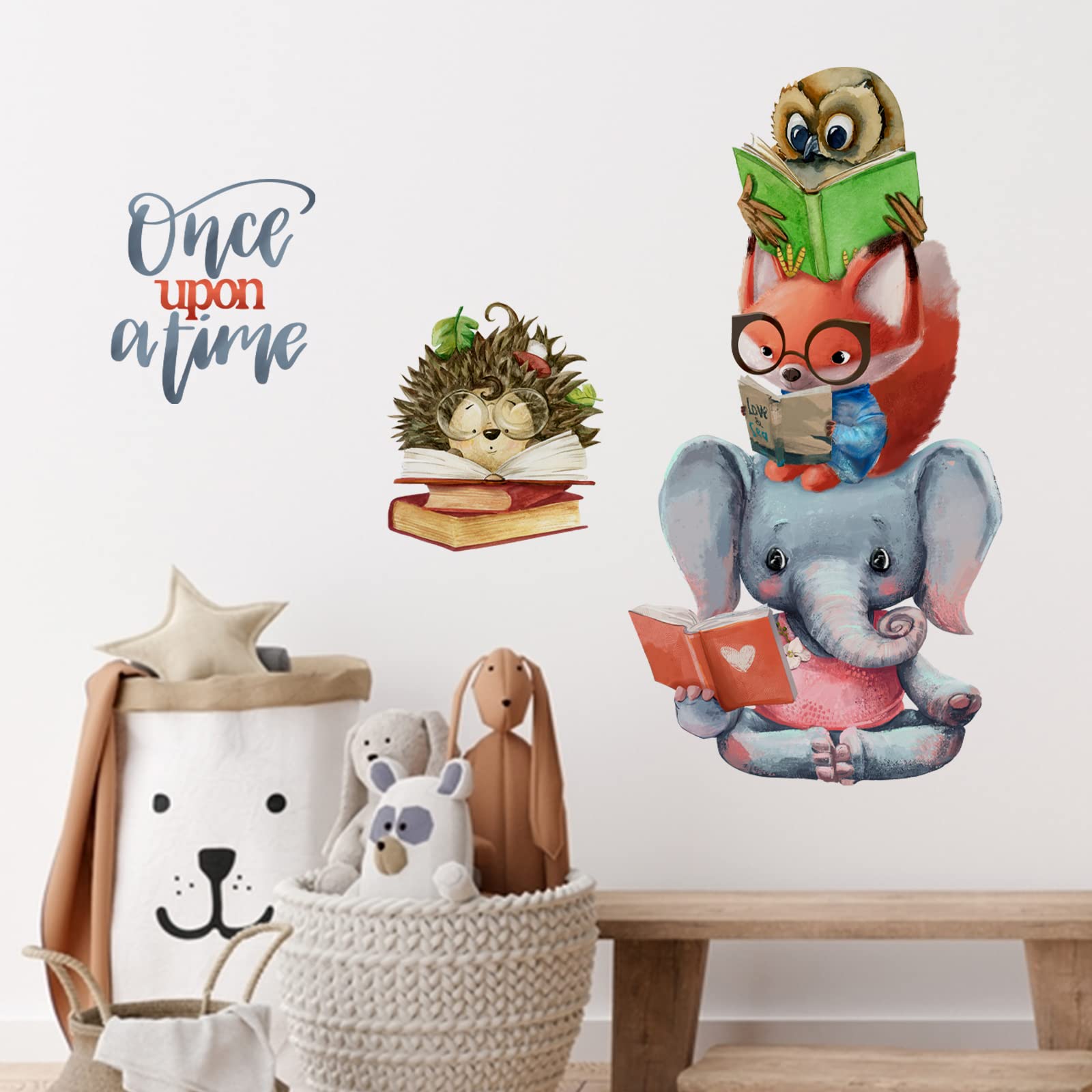 Mfault Once Upon a Time Reading Animals Wall Decals Stickers, Motivational Fox Elephant Owl Hedgehog Reading Books Nursery Decoration Classroom Bedroom Art, Kids Toddlers Study Room Library Decor