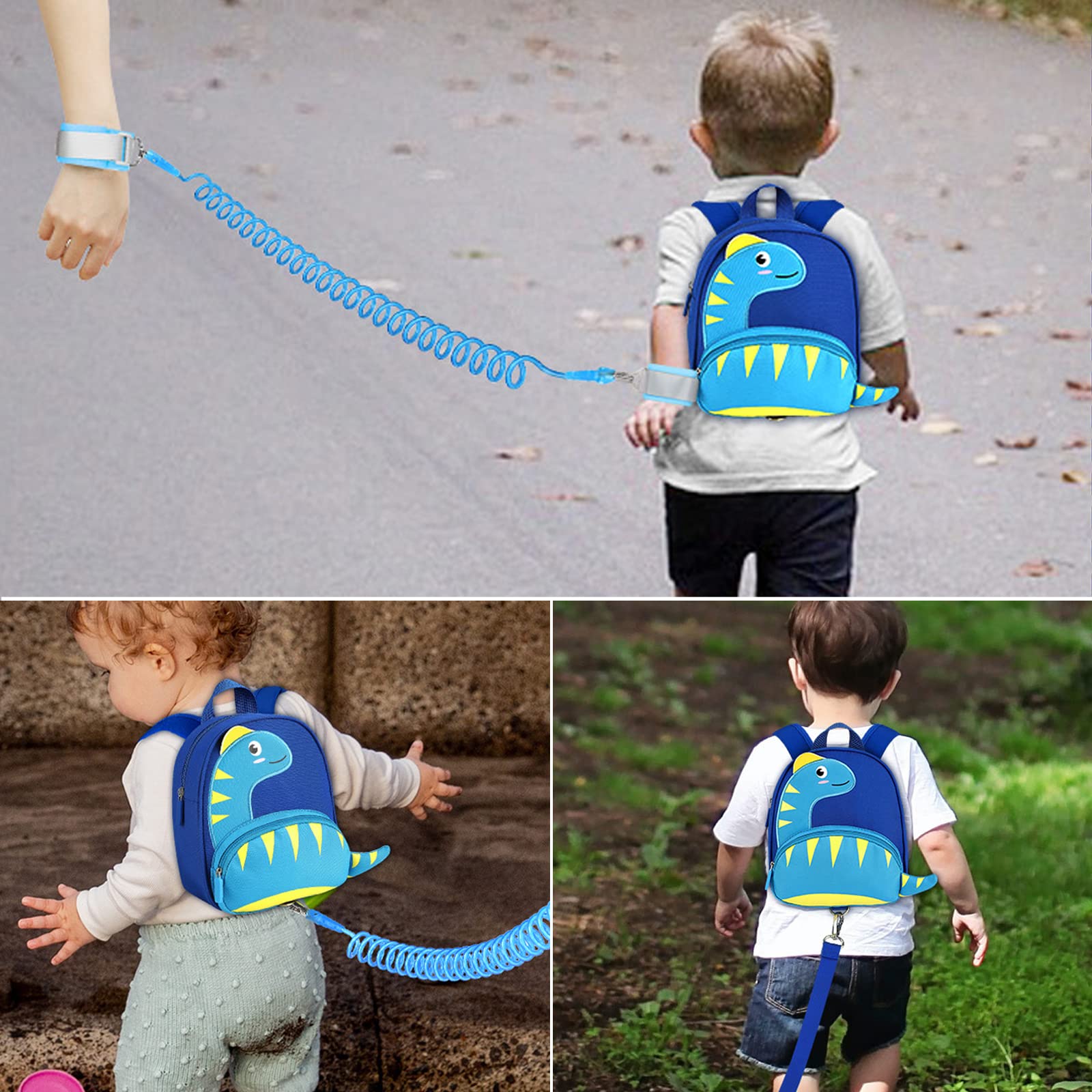 Accmor Toddler Harness Backpack with Leash, Cute Dinosaur Kid Back Pack with Anti Lost Wrist Link, Child Harnesses Leashes for Walking, Mini Toddler Daycare Bag with Rope Tether for Baby Boys (Blue)