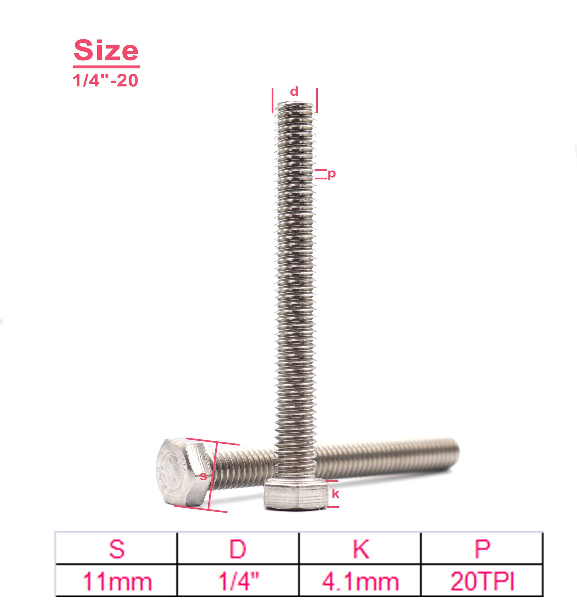 cSeao 10pcs 1/4-20 x 6 Hex Head Bolts Screws, Full Thread, Plain Finish, F593C 18-8 304 Stainless Steel