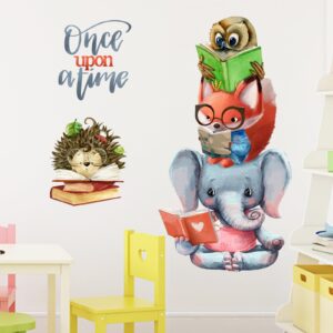 mfault once upon a time reading animals wall decals stickers, motivational fox elephant owl hedgehog reading books nursery decoration classroom bedroom art, kids toddlers study room library decor