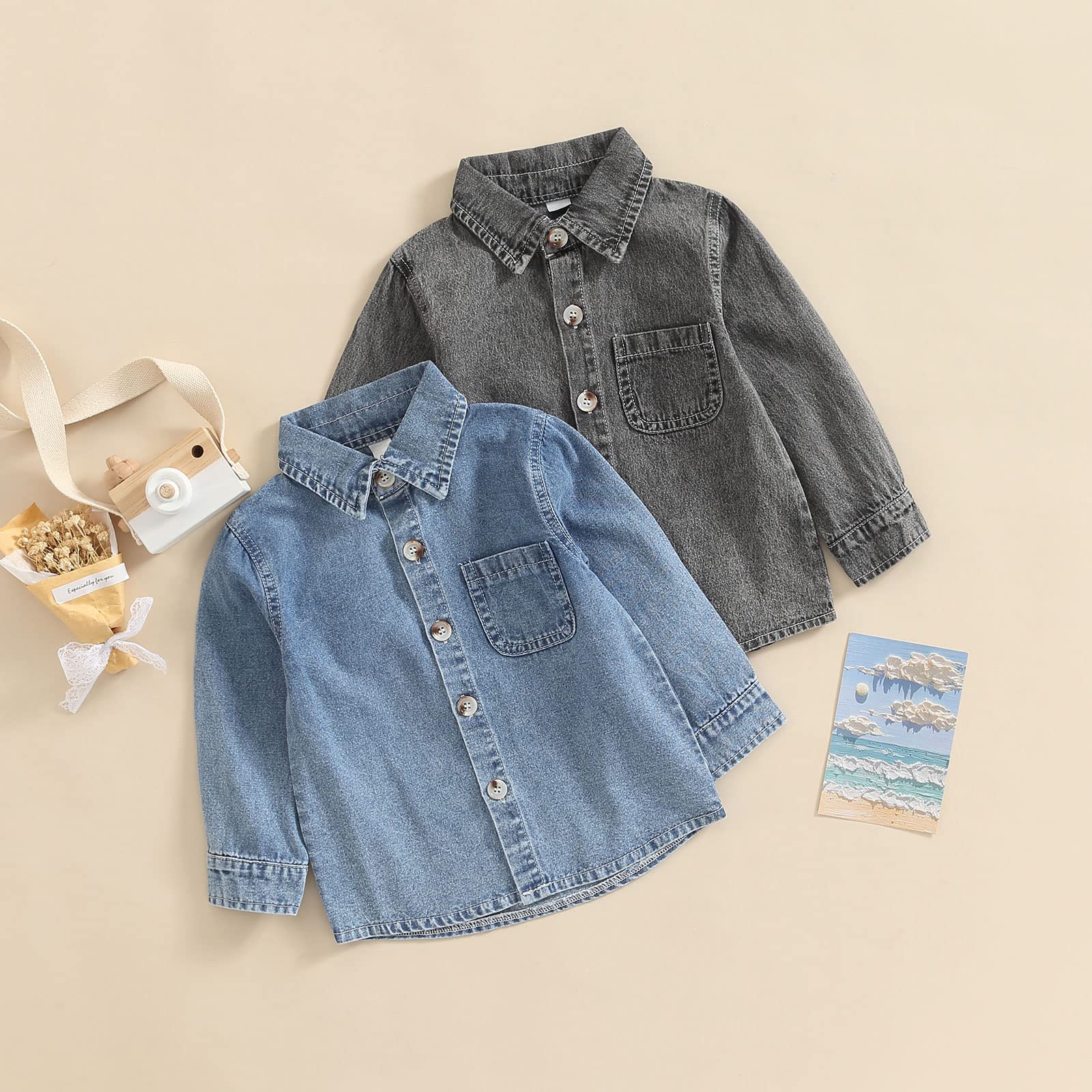 Toddler Baby Boys Cute Long Sleeve Button Down Jean Shirt Slouchy Denim Dress Shirt (Blue,3-4T)