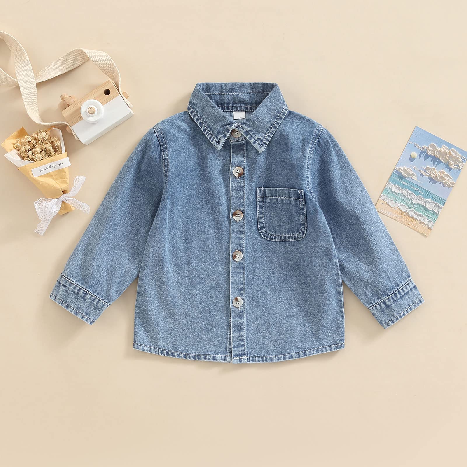 Toddler Baby Boys Cute Long Sleeve Button Down Jean Shirt Slouchy Denim Dress Shirt (Blue,3-4T)