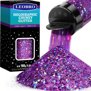 leobro purple glitter, 160g/5.64oz glitter, holographic chunky glitter, craft glitter for resin, metallic iridescent chunky fine glitter sequin flake bulk, glitter for makeup body, tumblers glitter