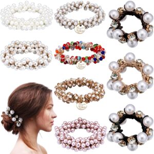 9 pcs boho handmade hair accessories gift for women & girls: pearl hair ties, crystal elastic scrunchies, stretchy bead ponytail holders (classic)