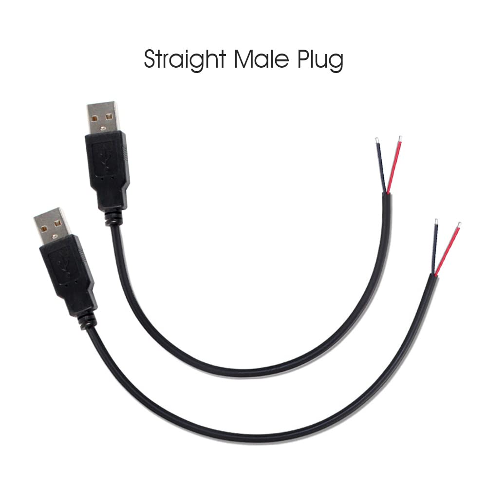 4pcs USB 2.0 to Bare Wire Open End Cable 12inch 5V 2.1A 2 cores Power Pigtail Repair Tin on The Tail Cable Cord DIY Black, 1 feet,2 Packs Straight Male Plug&2Packs L Right Angle Male Plug Included