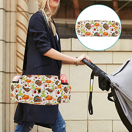 Thanksgiving Pumpkin Turkey Stroller Organizer with Cup Holder Universal Stroller Organizer Bag Detachable Shoulder Strap Stroller Accessories for Diaper Toys Phone Keys Fit All Baby Stroller