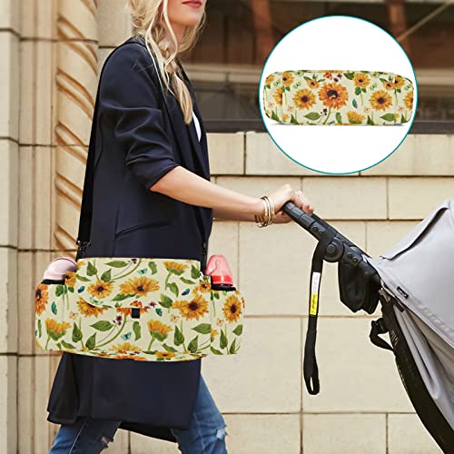 Sunflowers Butterflies Stroller Organizer with Cup Holder Universal Stroller Organizer Bag Detachable Shoulder Strap Stroller Accessories for Diaper Toys Phone Keys Fit All Baby Stroller