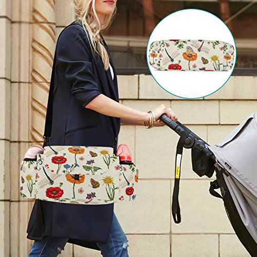 Dragonfly Flowers Stroller Organizer with Cup Holder Universal Stroller Organizer Bag Detachable Shoulder Strap Stroller Accessories for Diaper Snacks Toys Keys Fit All Baby Stroller