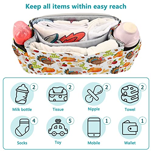 Thanksgiving Pumpkin Turkey Stroller Organizer with Cup Holder Universal Stroller Organizer Bag Detachable Shoulder Strap Stroller Accessories for Diaper Toys Phone Keys Fit All Baby Stroller