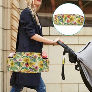 Sunflower Cornflower Leaves Stroller Organizer with Cup Holder Universal Stroller Organizer Bag Detachable Shoulder Strap Stroller Accessories for Diaper Phone Keys Toys Fit All Baby Stroller