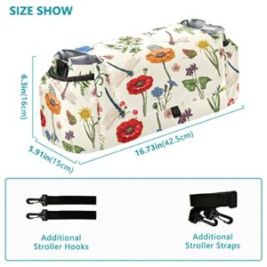 Dragonfly Flowers Stroller Organizer with Cup Holder Universal Stroller Organizer Bag Detachable Shoulder Strap Stroller Accessories for Diaper Snacks Toys Keys Fit All Baby Stroller