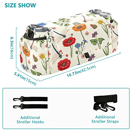 Dragonfly Flowers Stroller Organizer with Cup Holder Universal Stroller Organizer Bag Detachable Shoulder Strap Stroller Accessories for Diaper Snacks Toys Keys Fit All Baby Stroller