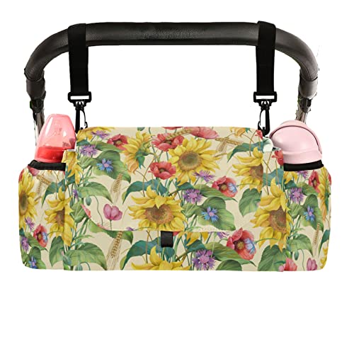 Sunflower Cornflower Leaves Stroller Organizer with Cup Holder Universal Stroller Organizer Bag Detachable Shoulder Strap Stroller Accessories for Diaper Phone Keys Toys Fit All Baby Stroller