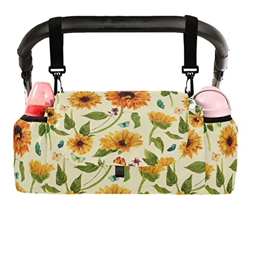 Sunflowers Butterflies Stroller Organizer with Cup Holder Universal Stroller Organizer Bag Detachable Shoulder Strap Stroller Accessories for Diaper Toys Phone Keys Fit All Baby Stroller