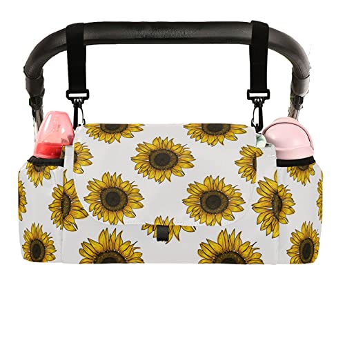 Sunflowers White Stroller Organizer with Cup Holder Universal Stroller Organizer Bag Detachable Shoulder Strap Stroller Accessories for Diaper Phone Keys Toys Fit All Baby Stroller