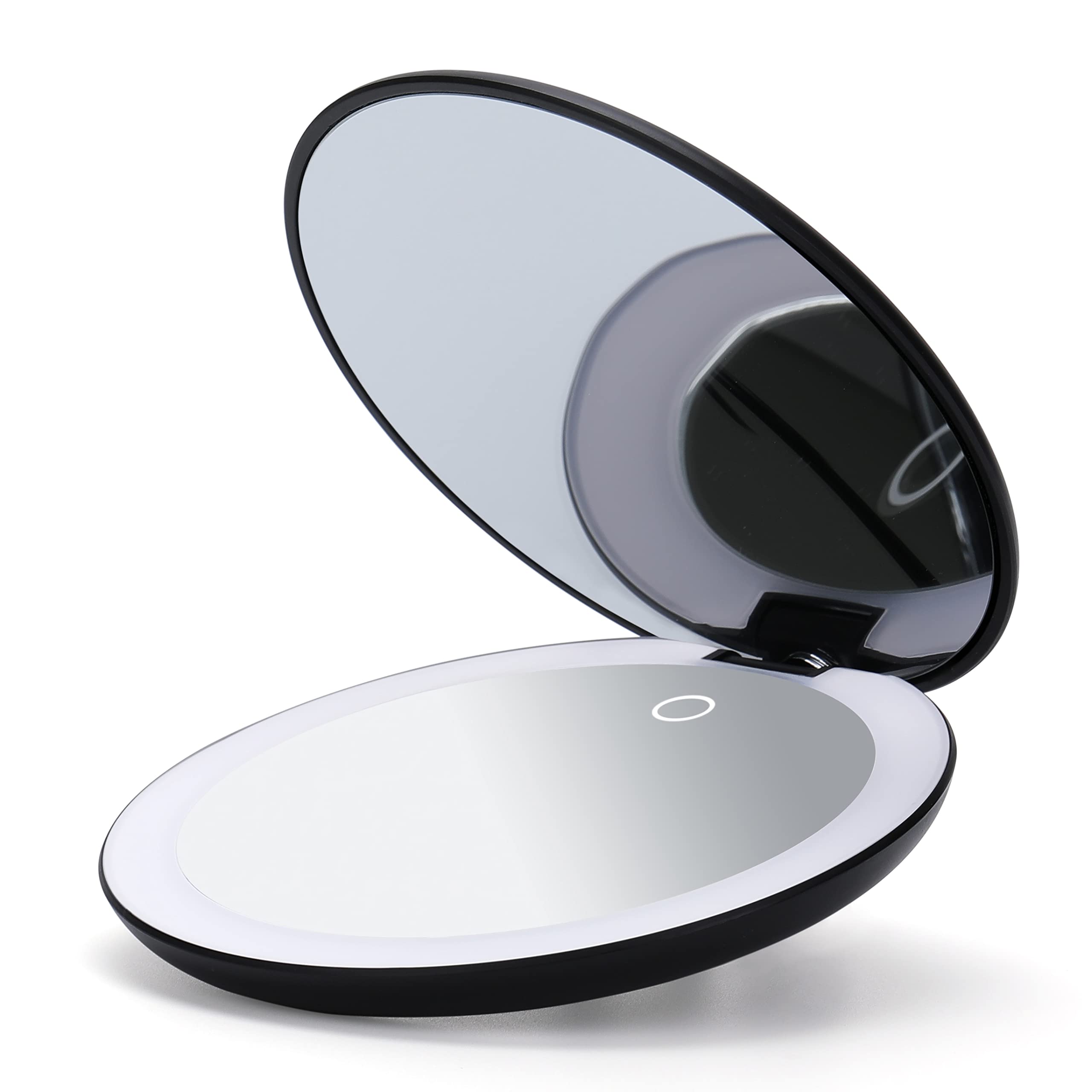 Fancii LED Lighted Travel Makeup Mirror, Rechargeable with 10x/1x Magnifying & 3 Light Settings - Compact, Portable, Large 5” Wide Hand Mirror for Handbag and Purses (Black)