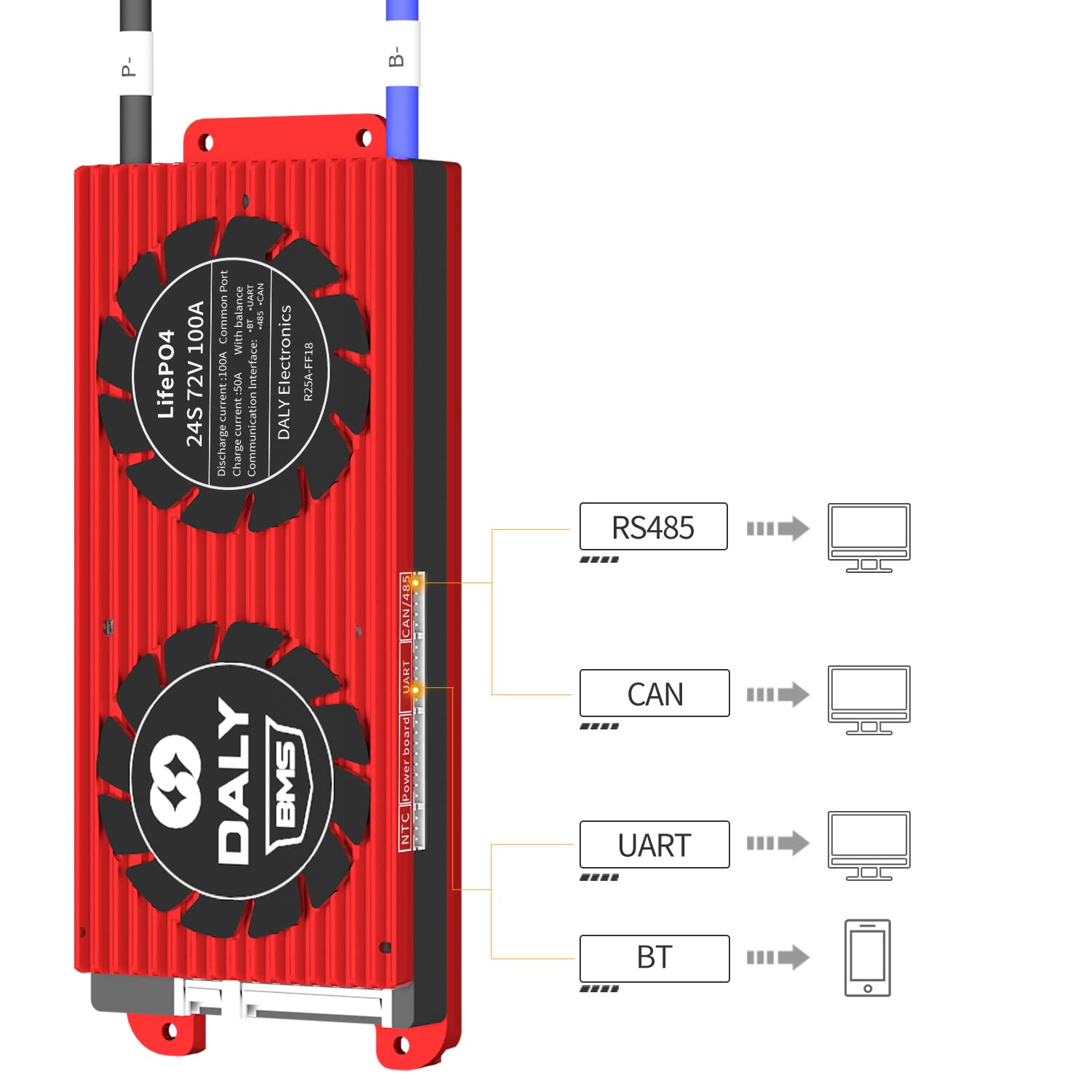 DALY Smart BMS LiFePo4 24S 72V 100A PCB Battery Management System with UART Communication CAN 485 Bluetooth Battery Monitoring Module for 18650 Battery Pack(Smart BMS+RS485+CAN,100A)