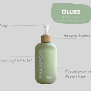 OLLIES Shampoo and Conditioner Dispenser, Shower Soap Dispenser for Bathroom-Set of 3 with Permanent Stylish Label-17oz, 500ml Refillable Shampoo and Conditioner Bottles Green