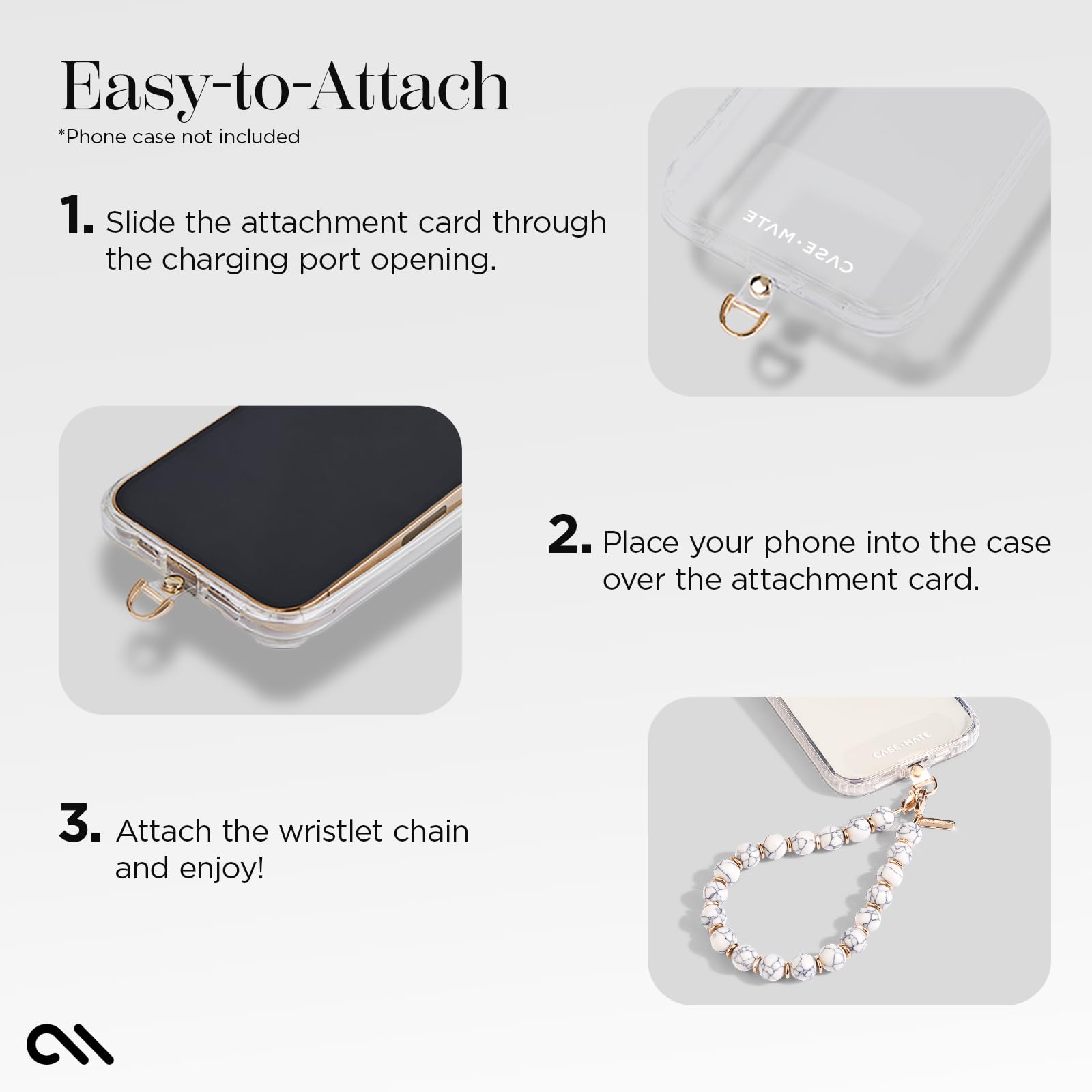 Case-Mate Phone Charm with Beaded Marble | Detachable Anti Theft Phone Strap | Hands-Free iPhone Wrist Strap for Women | Phone Chain Wristlet - Fits Apple, Samsung, Google Pixel & More | White Marble