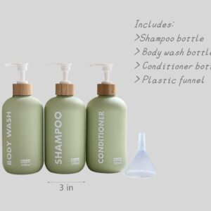 OLLIES Shampoo and Conditioner Dispenser, Shower Soap Dispenser for Bathroom-Set of 3 with Permanent Stylish Label-17oz, 500ml Refillable Shampoo and Conditioner Bottles Green