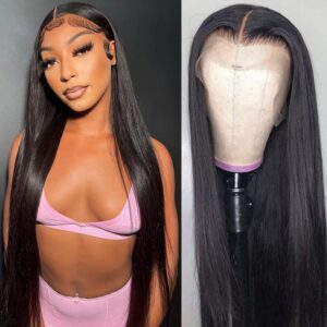 serwell 13x4 hd lace front wigs human hair pre plucked 26 inch straight lace front wigs for women human hair 180% density glueless transparent straight frontal wigs human hair bleached knots