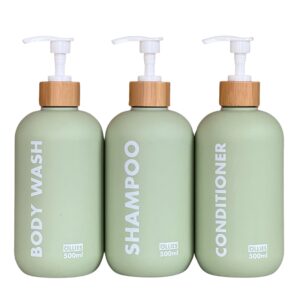 ollies shampoo and conditioner dispenser, shower soap dispenser for bathroom-set of 3 with permanent stylish label-17oz, 500ml refillable shampoo and conditioner bottles green