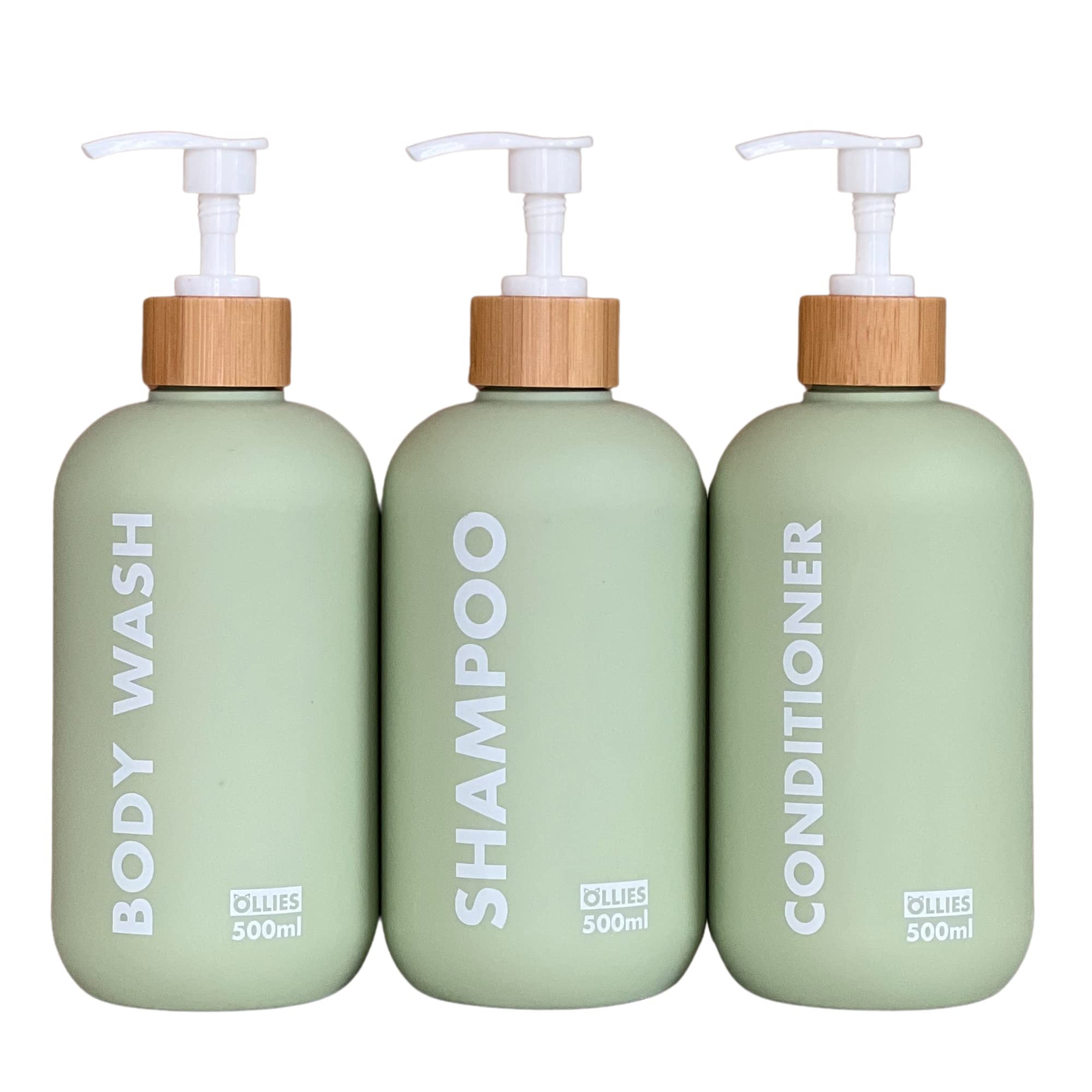 OLLIES Shampoo and Conditioner Dispenser, Shower Soap Dispenser for Bathroom-Set of 3 with Permanent Stylish Label-17oz, 500ml Refillable Shampoo and Conditioner Bottles Green