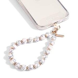 case-mate phone charm with beaded marble | detachable anti theft phone strap | hands-free iphone wrist strap for women | phone chain wristlet - fits apple, samsung, google pixel & more | white marble