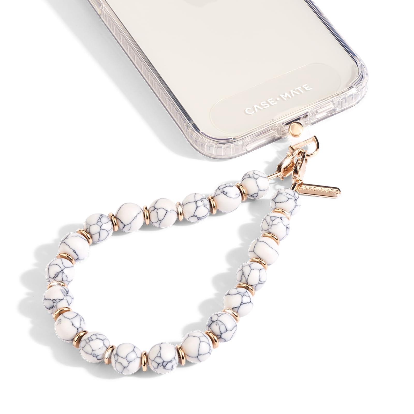 Case-Mate Phone Charm with Beaded Marble | Detachable Anti Theft Phone Strap | Hands-Free iPhone Wrist Strap for Women | Phone Chain Wristlet - Fits Apple, Samsung, Google Pixel & More | White Marble