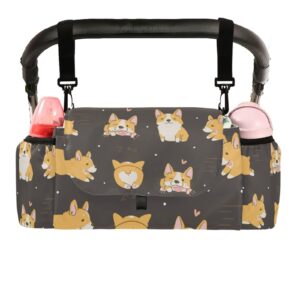 sinestour corgi cute dogs stroller organizer with cup holder universal stroller organizer bag detachable shoulder strap stroller accessories for diaper toys snacks keys fit all baby stroller