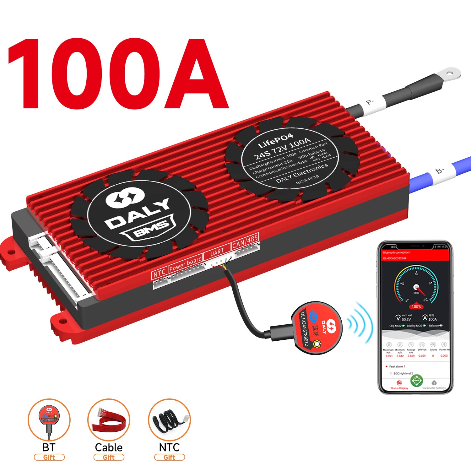 DALY Smart BMS LiFePo4 24S 72V 100A PCB Battery Management System with UART Communication CAN 485 Bluetooth Battery Monitoring Module for 18650 Battery Pack(Smart BMS+RS485+CAN,100A)