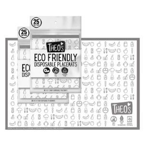 theo's 50 pack stick on disposable table mats for kids & baby led weaning | large 12" x 18" restaurant placemats in re-usable travel pouch