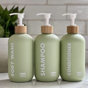 OLLIES Shampoo and Conditioner Dispenser, Shower Soap Dispenser for Bathroom-Set of 3 with Permanent Stylish Label-17oz, 500ml Refillable Shampoo and Conditioner Bottles Green