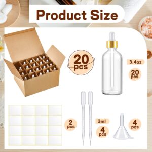 Tessco 20 Pack Dropper Bottles 3.4 oz Empty Glass Bottles with Dropper Top Cap, 4 Plastic Eye Droppers Measured Pipettes, 4 Funnels, 2 Sheets Label Stickers for Oils Perfume(Amber)