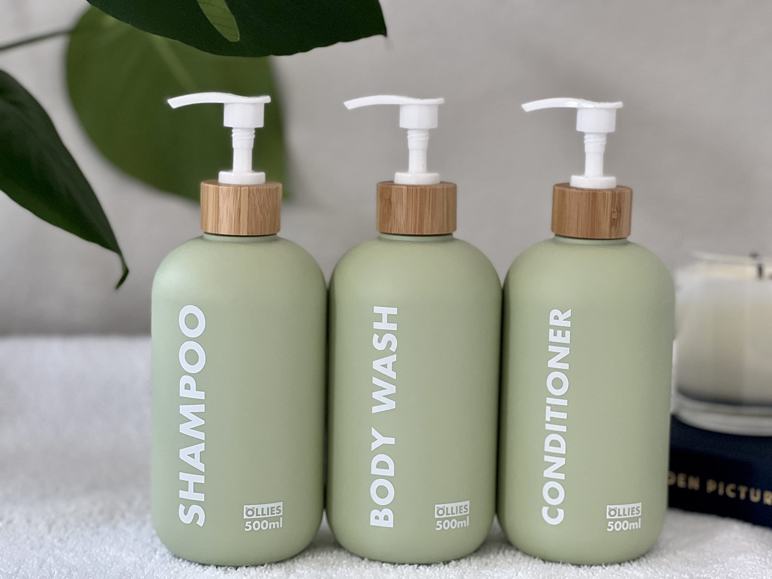 OLLIES Shampoo and Conditioner Dispenser, Shower Soap Dispenser for Bathroom-Set of 3 with Permanent Stylish Label-17oz, 500ml Refillable Shampoo and Conditioner Bottles Green