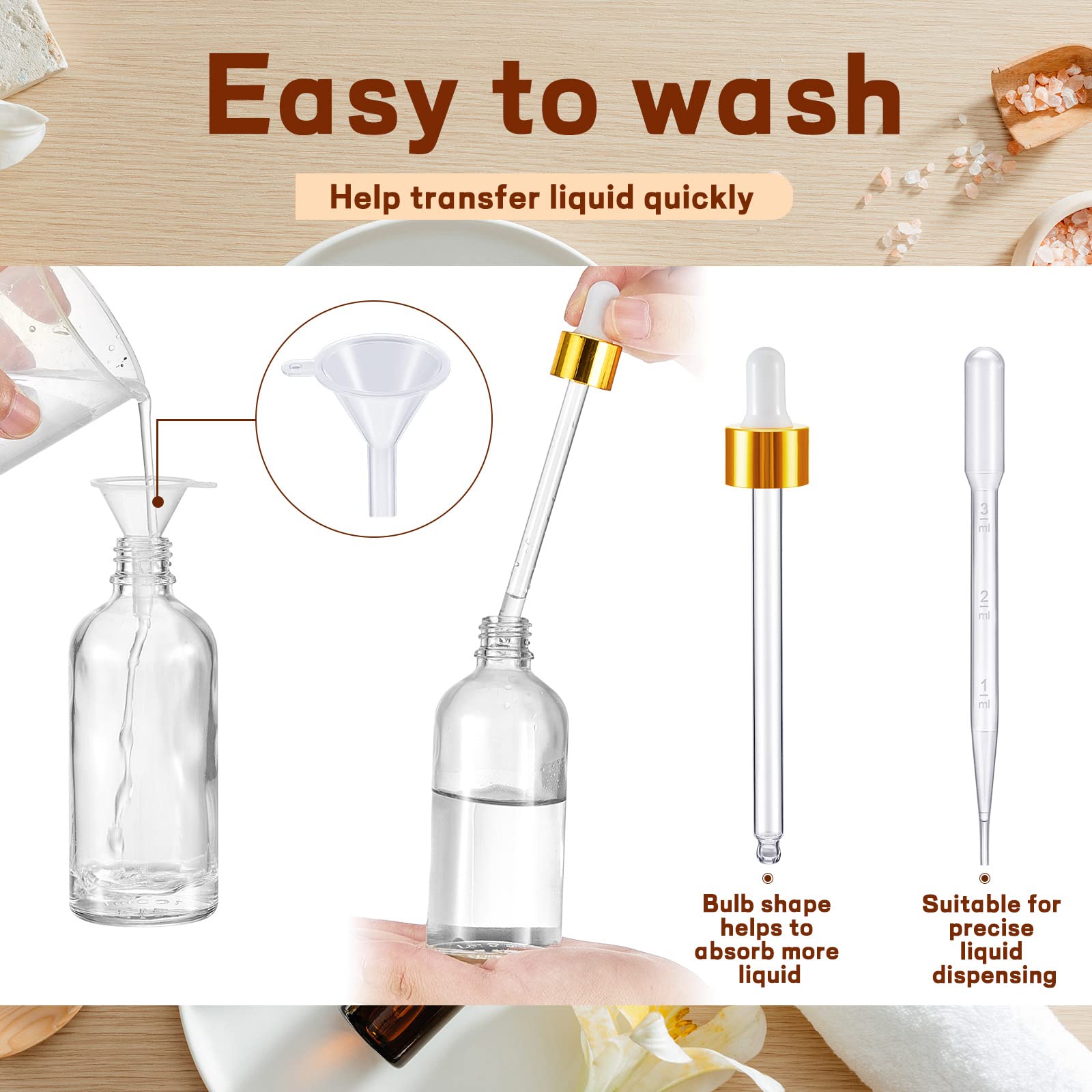 Tessco 20 Pack Dropper Bottles 3.4 oz Empty Glass Bottles with Dropper Top Cap, 4 Plastic Eye Droppers Measured Pipettes, 4 Funnels, 2 Sheets Label Stickers for Oils Perfume(Amber)