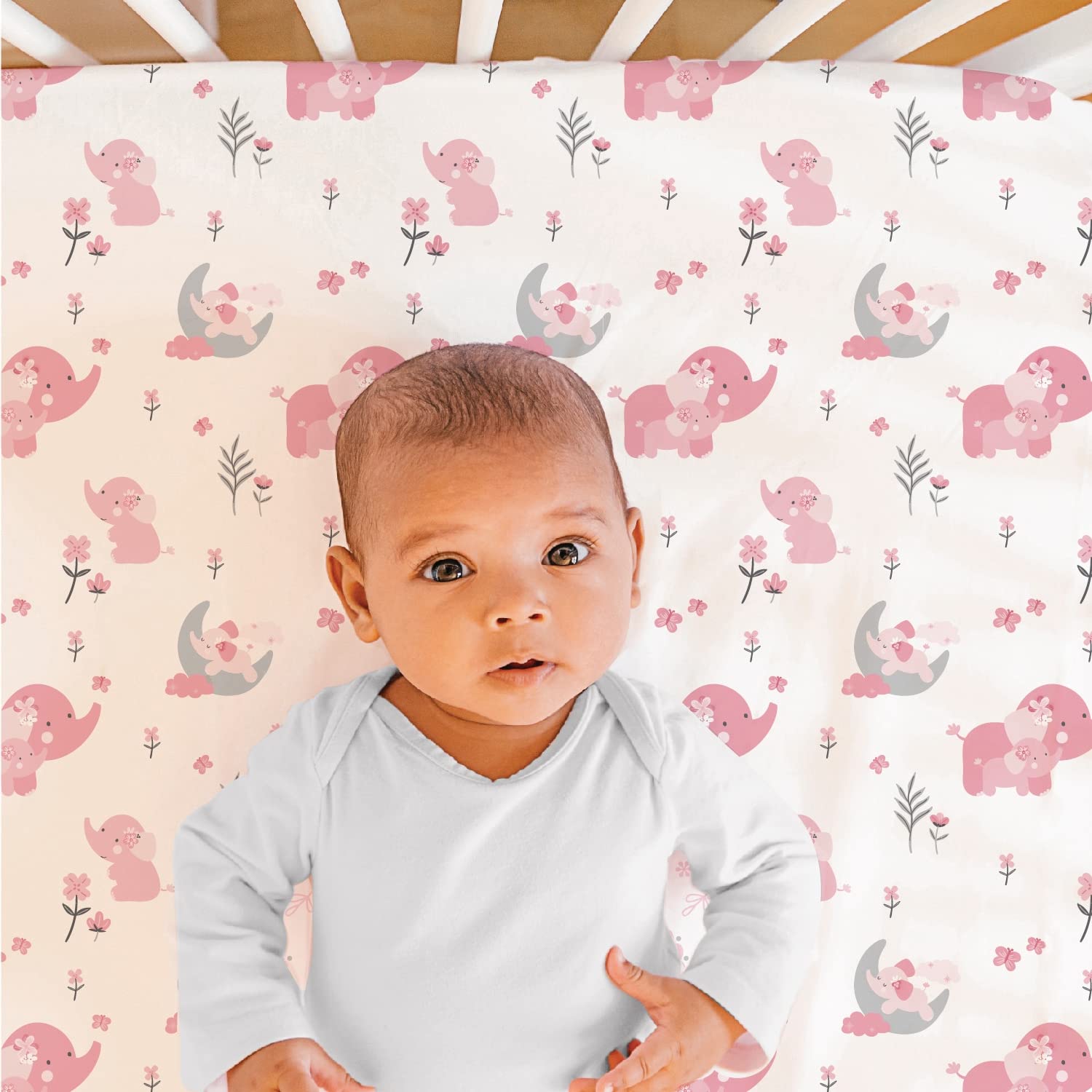 The Peanutshell Pink Elephant Nursing Decor Set | 4 Pieces | Crib Comforter, Crib Sheet, Crib Mobile, Dust Ruffle