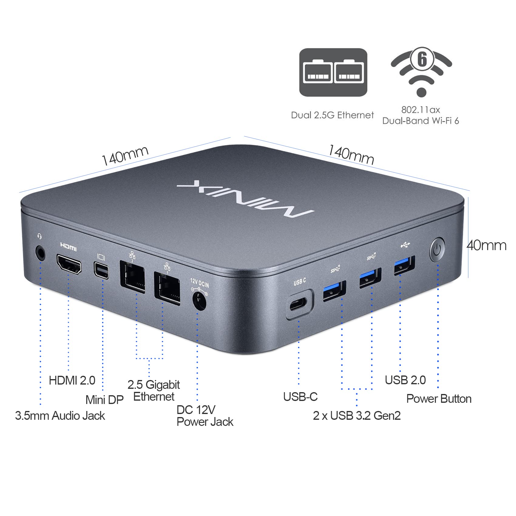 MINIX NEO J51-C8 Max Mini Computer, 8GB/512GB M.2 PCIe NVMe SSD Windows 11 Pro, Aluminum/Wi-Fi6/Dual 2.5GB LAN/USB-C/Triple Display/4K/Auto Power On/PXE Boot/RTC/Vesa Mount