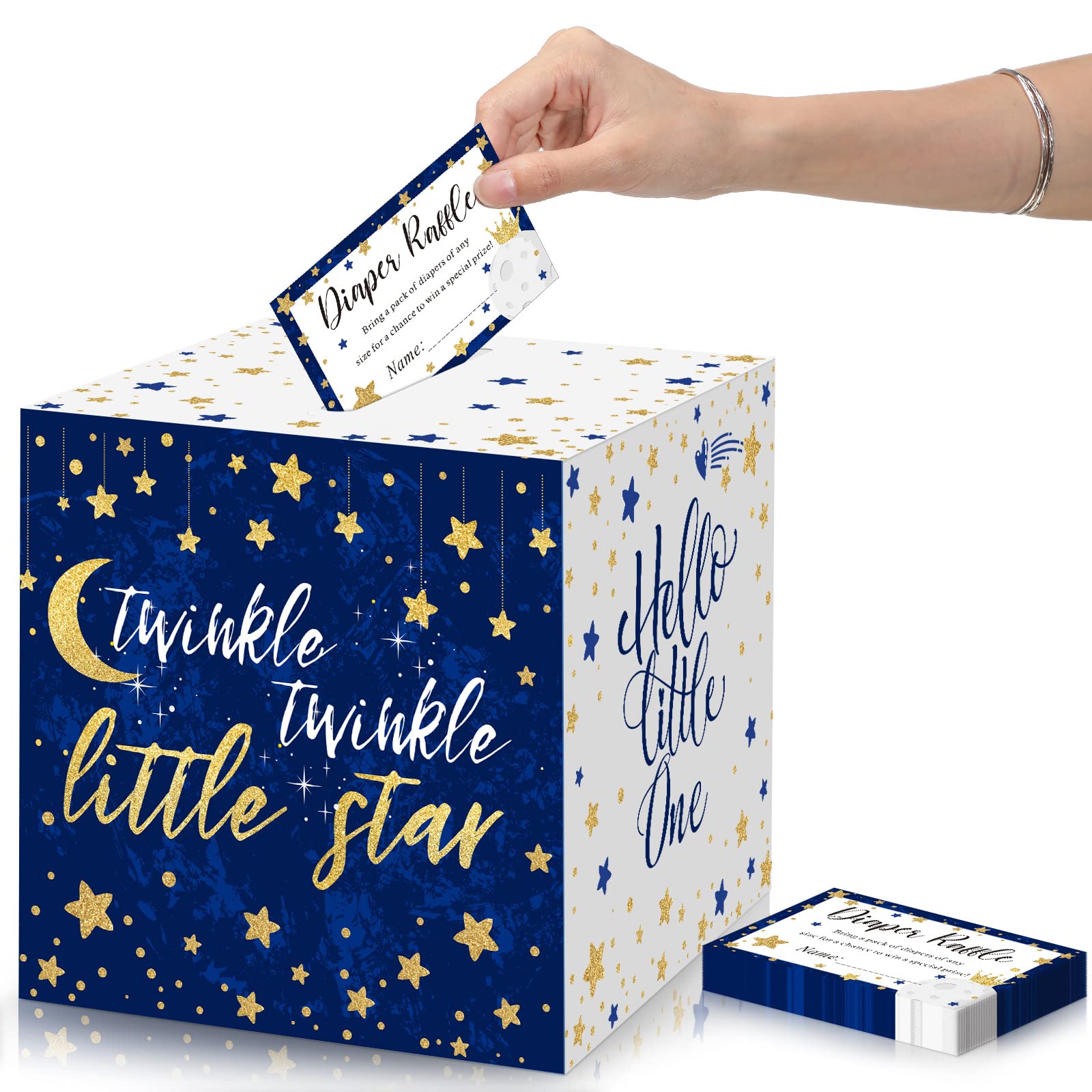 Funrous 50 Pcs Blue Twinkle Little Star Diaper Raffle Tickets with Box for Baby Shower Gender Reveal Party Decoration