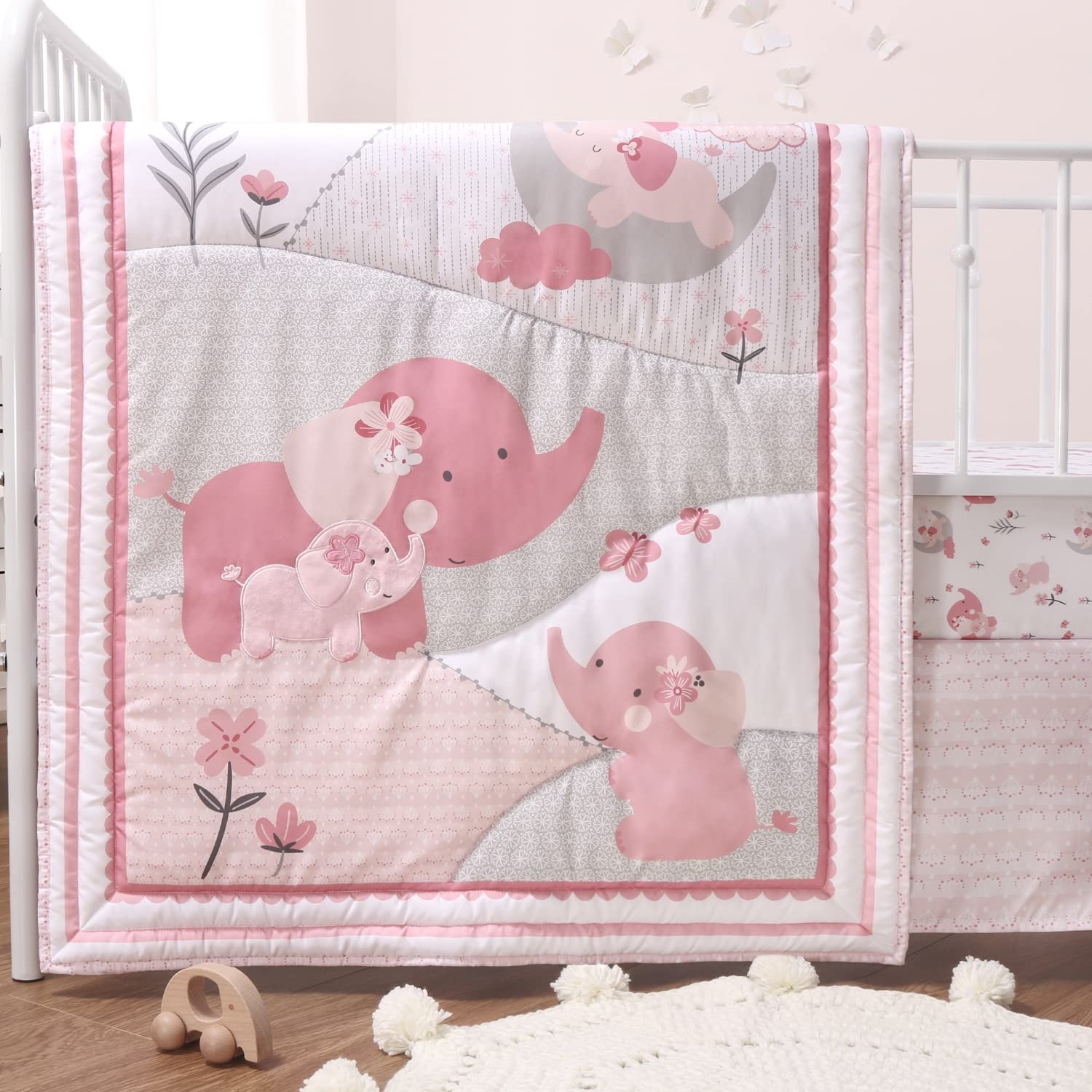 The Peanutshell Pink Elephant Nursing Decor Set | 4 Pieces | Crib Comforter, Crib Sheet, Crib Mobile, Dust Ruffle