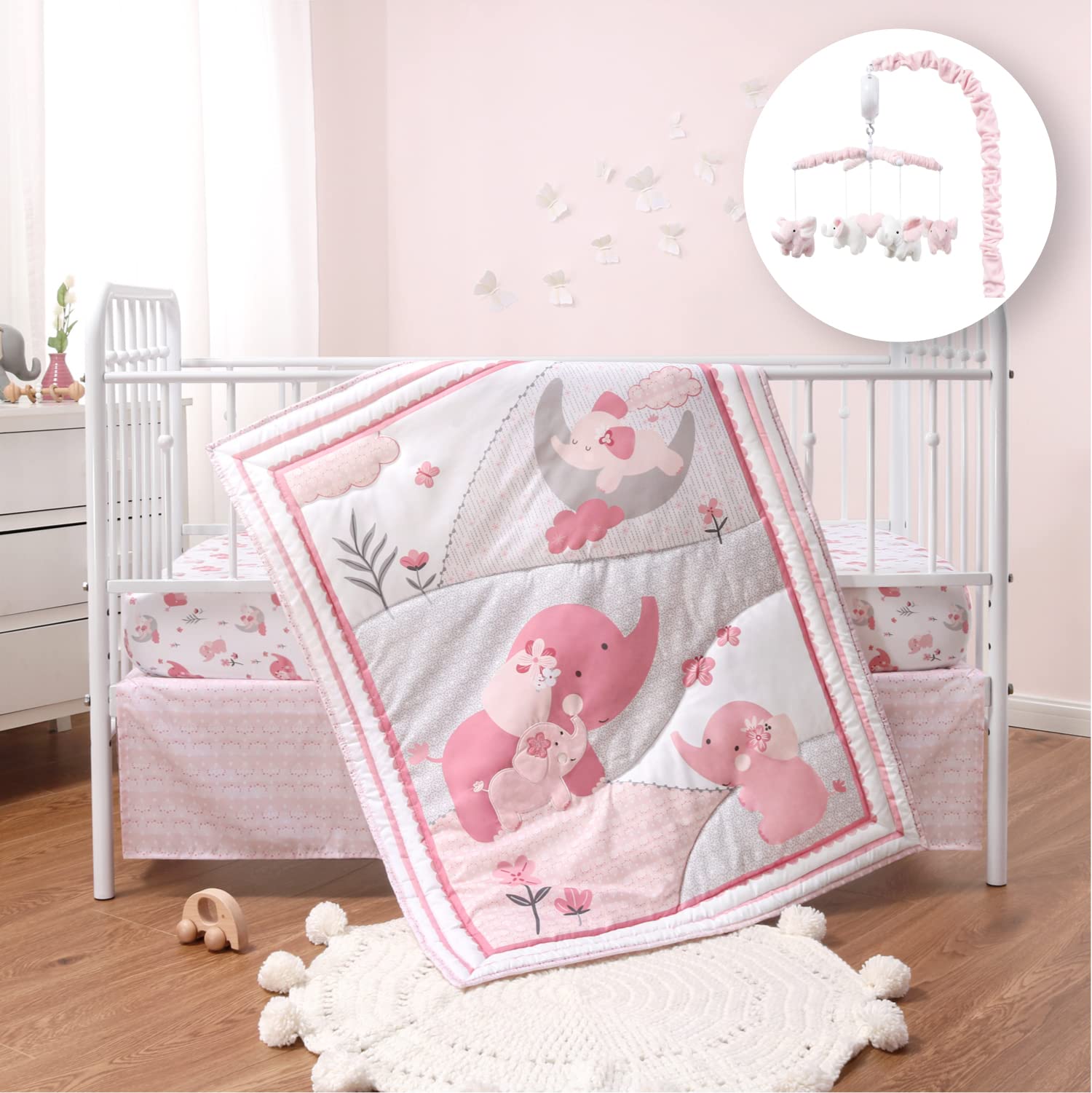 The Peanutshell Pink Elephant Nursing Decor Set | 4 Pieces | Crib Comforter, Crib Sheet, Crib Mobile, Dust Ruffle