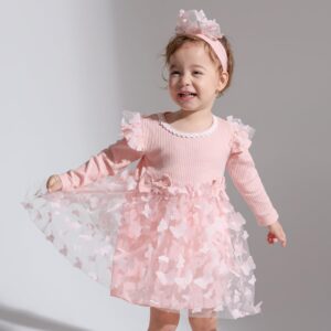 PATPAT Baby Girl Dress Long Sleeve Tutu Dress Infant Girl Tulle Dress Flower Girl Party Birthday Princess Dresses Light Pink 12-18 Months