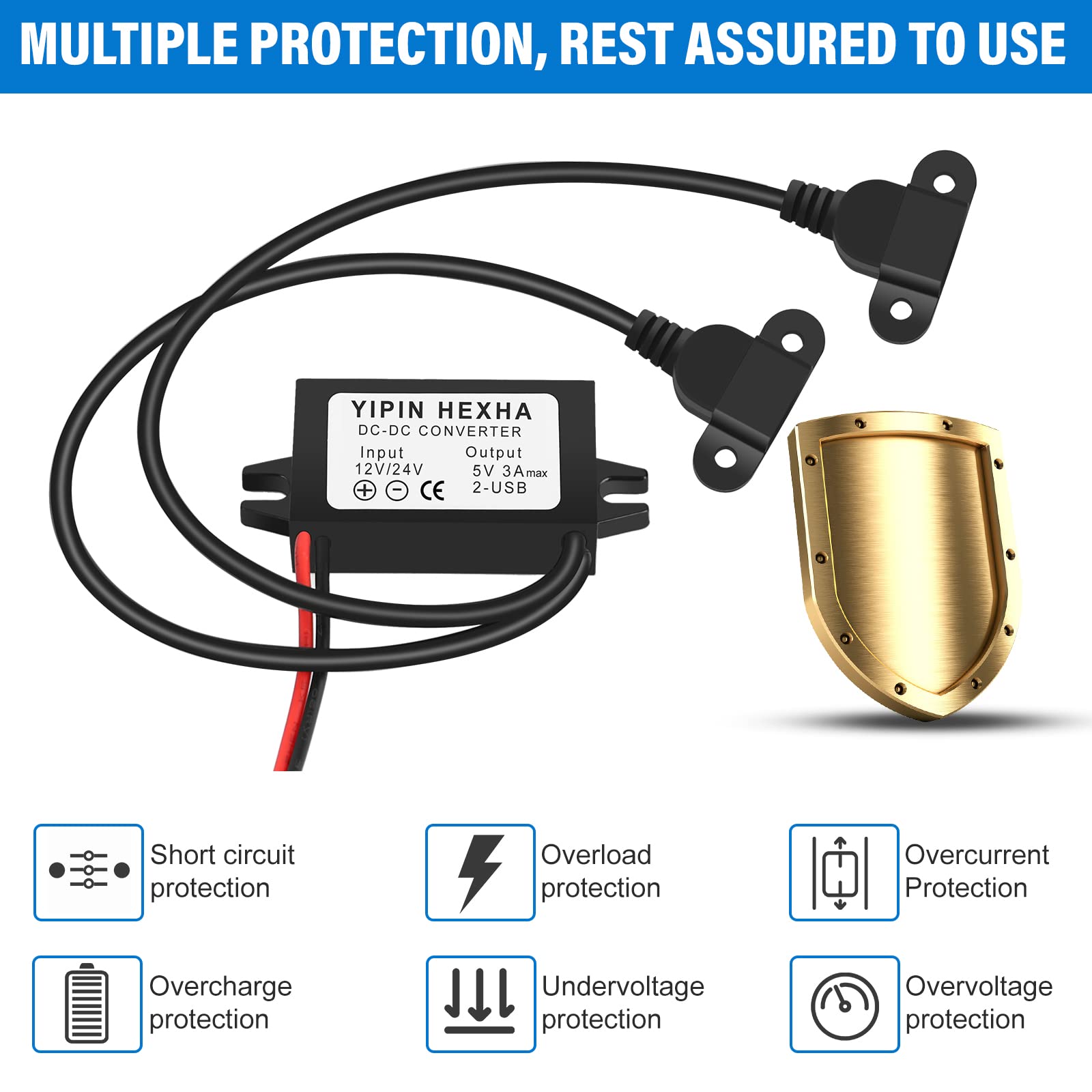 3A 15W DC 12V to 5V USB Female Buck Converter Adapter Step Down Charging Module，USB Female Head with Screw Hole can be Used for Panel Installation