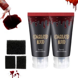 de'lanci fake blood liquid, 2 pcs fake blood washable + 3 pcs sponge, realistic blood edible halloween makeup on the face/mouth/body, prefect adult kids cosplay stage blood - 60g(2.12 oz)