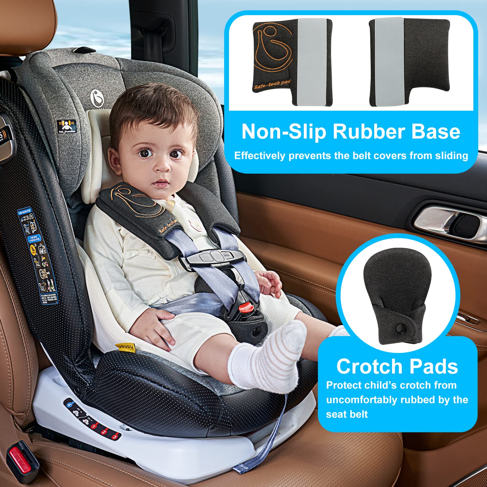 Innokids Car Seat Strap Cover Set for Baby Kids Seat Belt Covers with Crotch Pad Back Anti-Slip Design for Car Seats Pushchair Stroller (Medium (5.9”L), Black Grey)